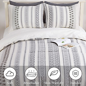 Cotton Jacquard Duvet Cover Set King Size, 3 Pieces Boho Yarn-Dyed Geometric Textured Farmhouse Duvet Cover Set with Waffle and Tufted Dots, 104x92 Inch