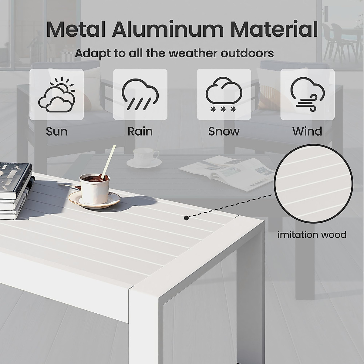 All-Weather Aluminum Outdoor Coffee Table, Modern Coffee Table for Outside, Rectangle Patio Coffee Table for Balcony Garden, Light Grey