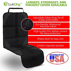 Lukling Car Seat Protector with Thickest and Largest Pad for Leather Seats in Luxury Cars ­- 2 Mesh Organizer Pockets -­ Works Great with Children and Pets, (Black with Black Stitching)