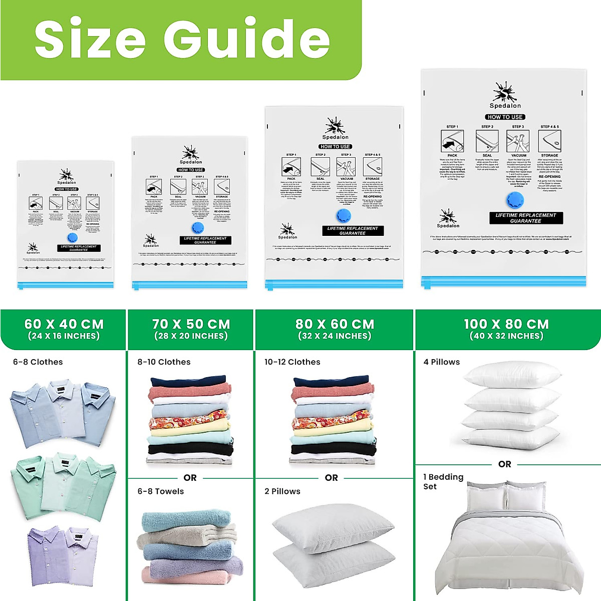 Spedalon 12 Vacuum Storage Bags for Clothes - Jumbo, Large, Medium & Small - Space Saver Vacuum Bags for Comforters, Blankets, Bedding, Pillow - Cruise Travel Essentials, Seal Bags Clothing with Pump