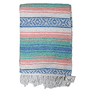 Open Road Goods Light Teal and Coral Mexican Blanket - Authentic Mexican Flasa - Great Yoga Blanket, Beach Blanket, Picnic Blanket, or Mexican Throw! Handwoven