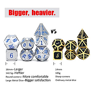 Haxtec Metal DND Dice Set Silver W/ Gift Metal Case D&D Polyhedral Dice for Dungeons and Dragons TTRPG-Silver Blue Numbers