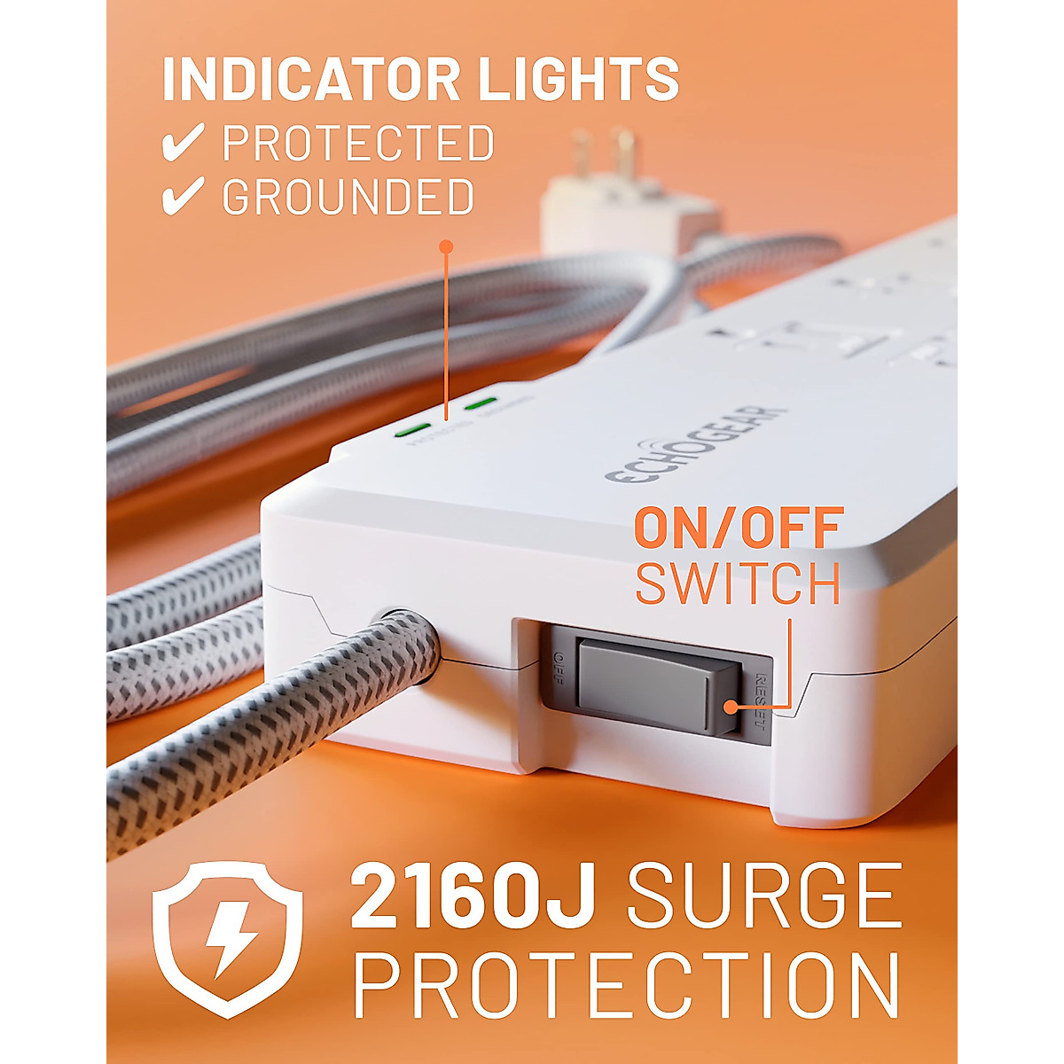 ECHOGEAR PowerBlitz Surge Protector Power Strip with USB-A & USB-C Ports - Low Profile Design with Braided 6' Cord, Flat Plug & 2160 Joules of Multi Outlet Surge Protection - White