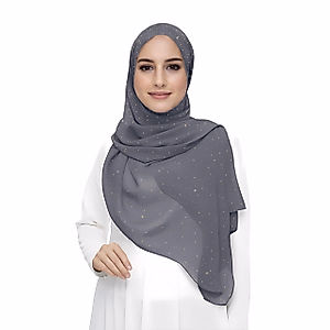 Lina & Lily Shimmer Gold Glitters Chiffon Hijab Scarf (Grey)
