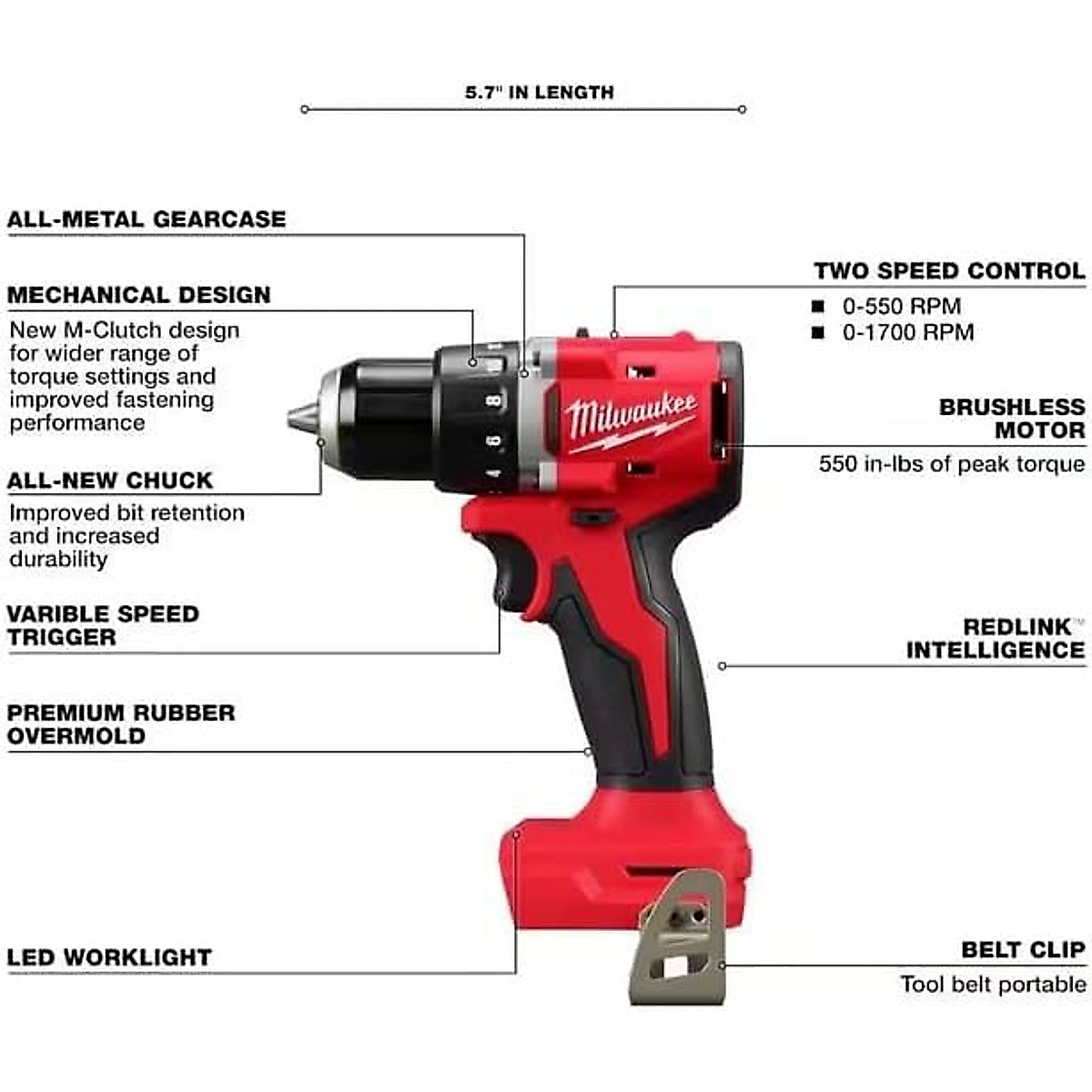 Milwaukee 3601-20 M118 18V Lithium-Ion Brushless Cordless 1/2 in. Compact Drill/Driver (Tool Only), Red