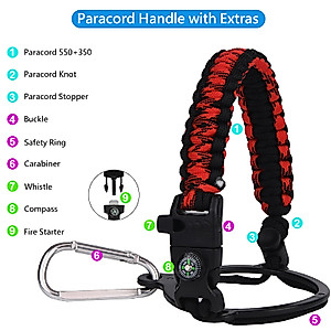 Wongeto Paracord Handle- Survival Strap Cord with Safety Ring and Carabiner - Compatible with Hydro Flask Wide Mouth Water Bottles 12oz - 64 oz Sport Water Bottle Strap Carrier(Red&Black)