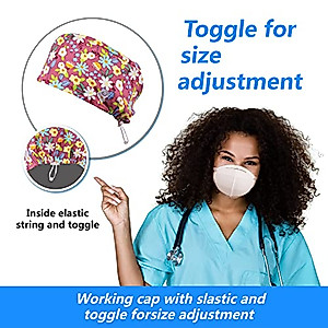 4 Packs Working Caps with Button and Sweatband, Adjustable Bouffant Scrub Caps Women Dental Scrub Hats Nurse Caps Women Men