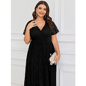 Ever-Pretty Plus Women's V Neck Ruffles Sleeves Pleated Lace Summer Plus Size Semi Formal Dress for Curvy Women Black US20