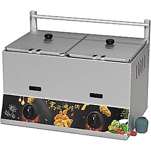 Commercial Gas Deep Fat Fryer Twin Tank, 22L Tabletop Stainless Steel Chip Fryer, with Bracket, Manual Adjustment Temperature, for Home Kitchen Catering Restaurant Coffee Shop