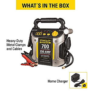 STANLEY FATMAX J7CS Portable Power Station Jump Starter: 700 Peak/350 Instant Amps, 120 PSI Air Compressor, 3.1A USB Ports, Battery Clamps