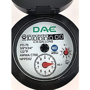 DAE PD-75 Non Lead NSF61, IP68 Positive Displacement Water Meter, 3/4" NPT Couplings, Pulse Output, Gallon
