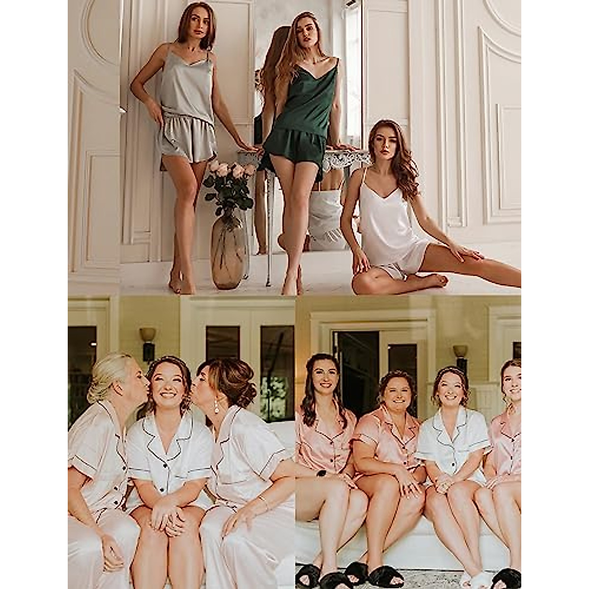 SWOMOG 4 Pcs Silk Pajamas for Women Shorts Set Satin Sleepwear Sexy Cami Pants Button-down Shorts Shirt Pjs Set Lounge Wear Black