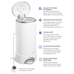 Munchkin® UV Diaper Pail #1 in Odor Control, LED UV Lights Kills 99% of Germs and Odor Causing Bacteria on Lid Surface, Includes 1 UV Snap, Seal & Toss™ Bag and 3 UV Refill Rings