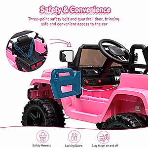 JOYMOR Ride on Truck with Remote Control, 4 Wheels 12V Battery Powered Kids Car, with LED Headlight/Horn Button/ MP3 Player/USB Port/Forward Backward/Kids Girl Boy (Pink)