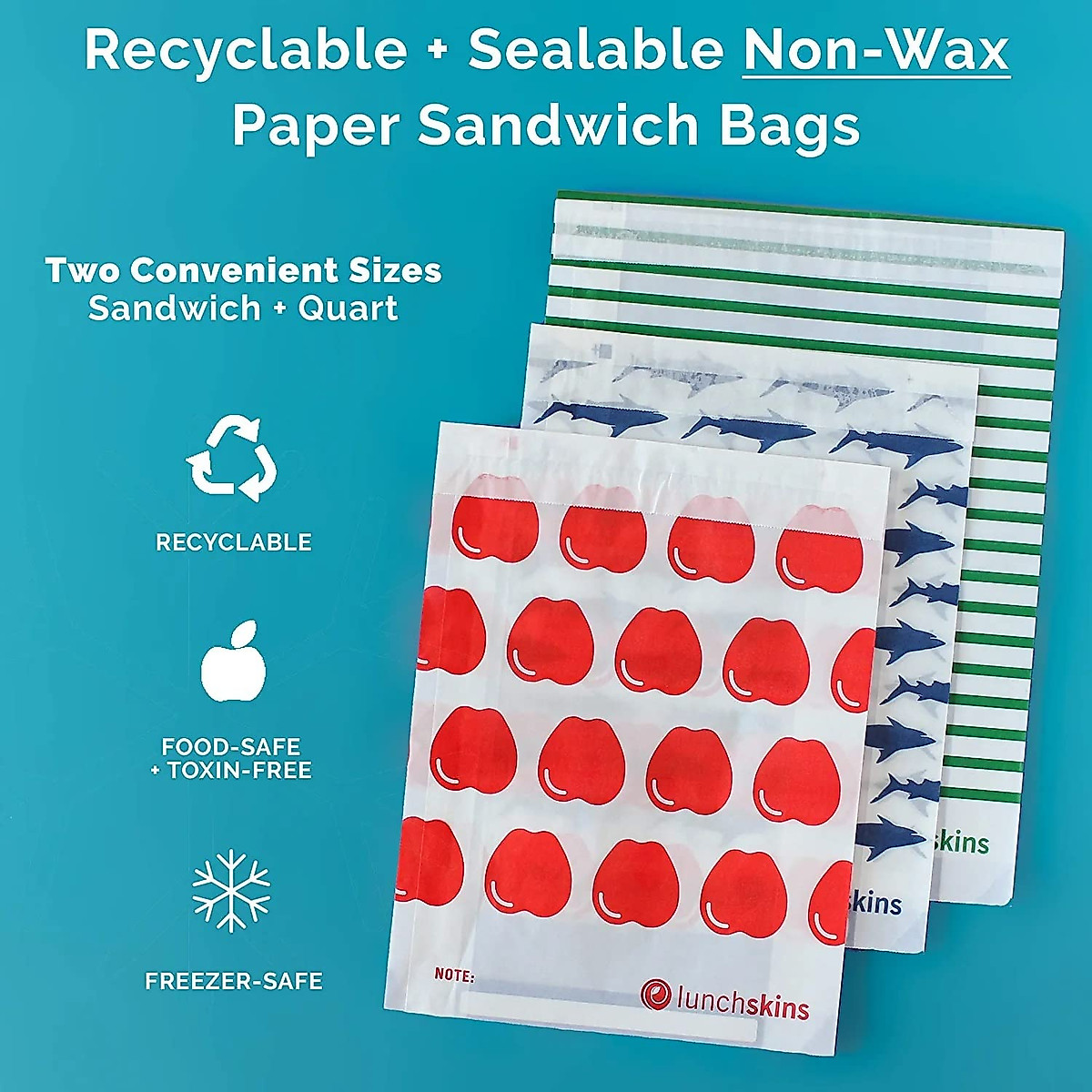 Lunchskins Paper Sandwich Bags - Sealable, Recyclable & Grease-Resistant - Disposable Snack Bags for Kids & Family - Self-Adhesive Closure for Freshness - Perfect for On-the-Go & Home Use