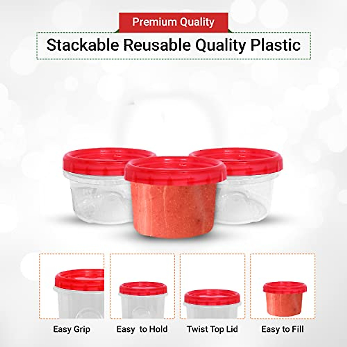 [Red - 12 Pk] Airtight Deli Containers with Lids Twist Lock Top Clear Food Storage for Meal Prep Snacks and Leftovers Freezer and Microwave Safe Stackable Leak-Resistant and 12 Pc. Set (16 Ounce)