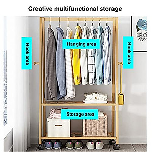 ZJDU Solid Wood Garment Rack,Clothes Rack with Shelves -Rolling Closet Organizer,with Storage Shelves Clothes Hanging Rack, for Entry Ways, Bedrooms,Brown,60×35×150cm