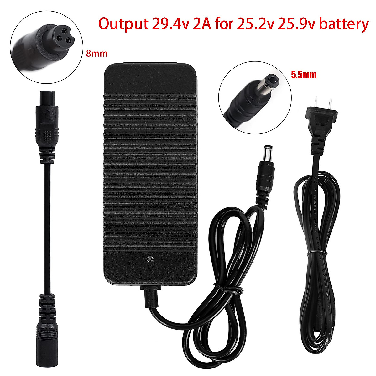 Gocpssg 29.4V 2A Charger for 25.2V 25.9V 25.6V 24v Lithium Battery 2 Plugs 1 Prong 5.5mm DC Plug and 8mm 3 Prong Connector