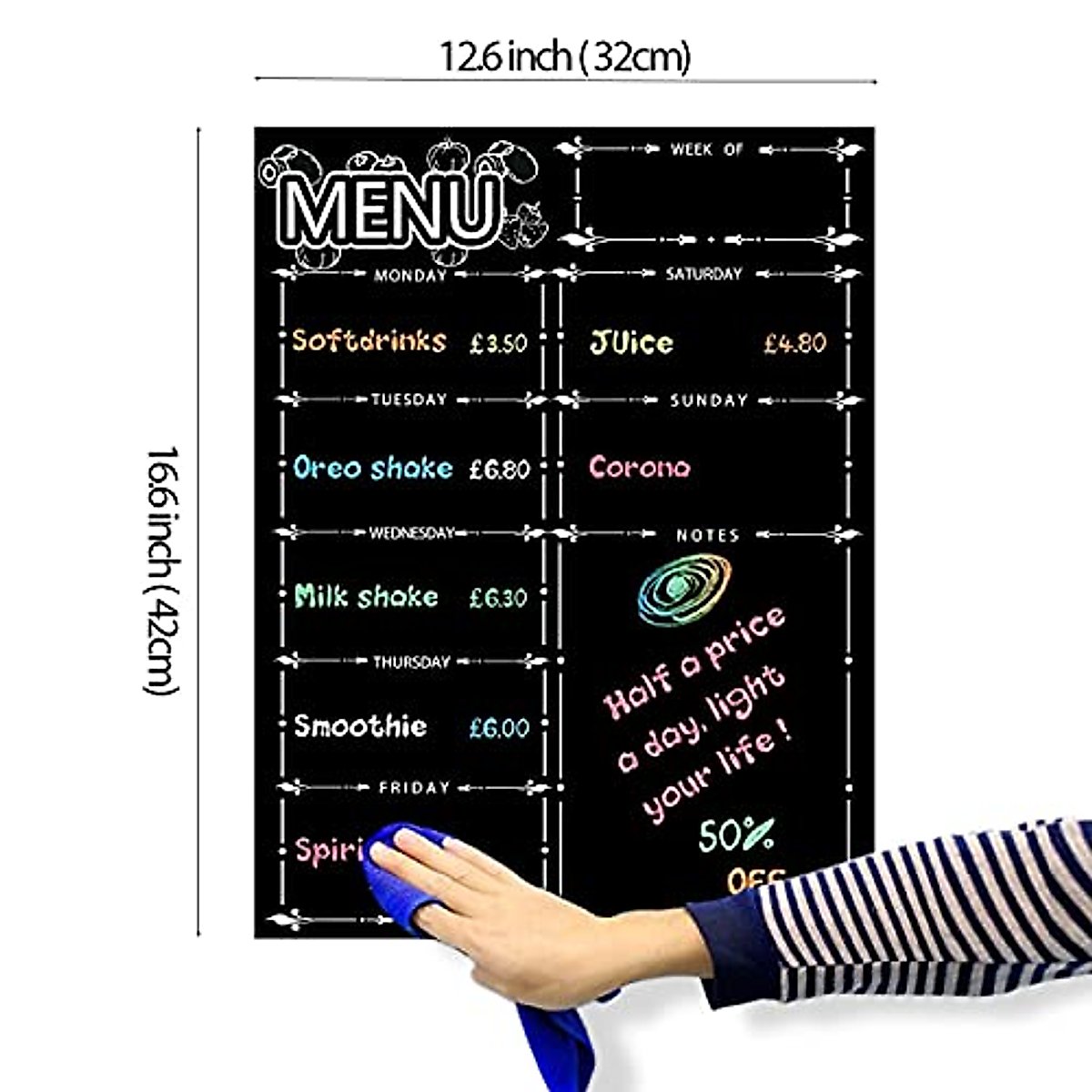 Magnetic Menu Board for Fridge, LiebHome Dry Erase Weekly Menu Planner/Family Calendar 16" x 12" with Grocery List and Notes (Black with 8 Markers)