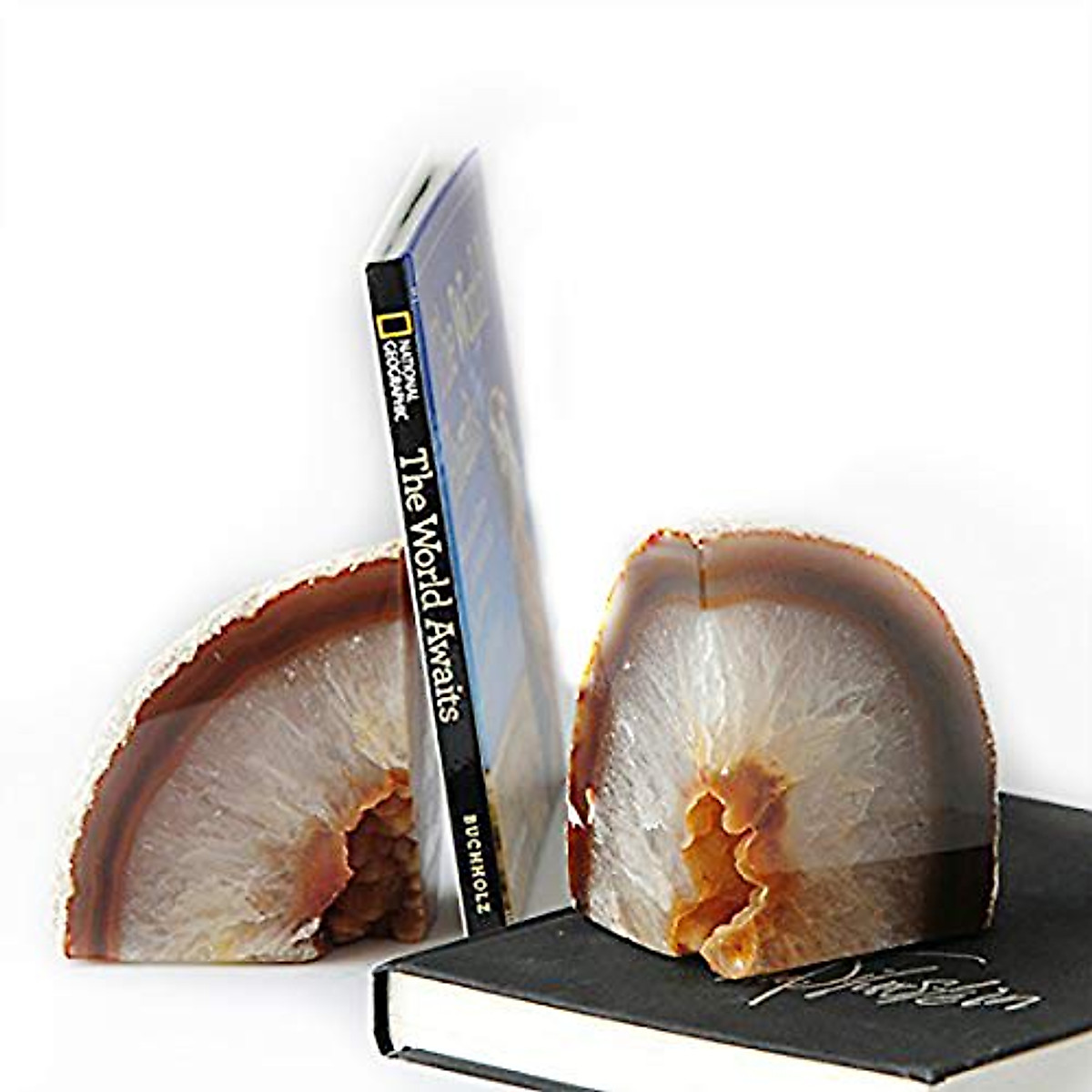 JIC Gem Natural Agate Book Ends Geode Bookends Decorative Book Ends for Shelves with Rubber Bumpers for Décor Small Size(1 Pair, 2-3 LBS)
