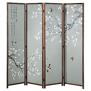 MyGift 4-Panel Asian-Inspired Folding Room Divider with Cherry Blossom Tree & Bird Design Poetry Calligraphy and Brown Wooden Frame
