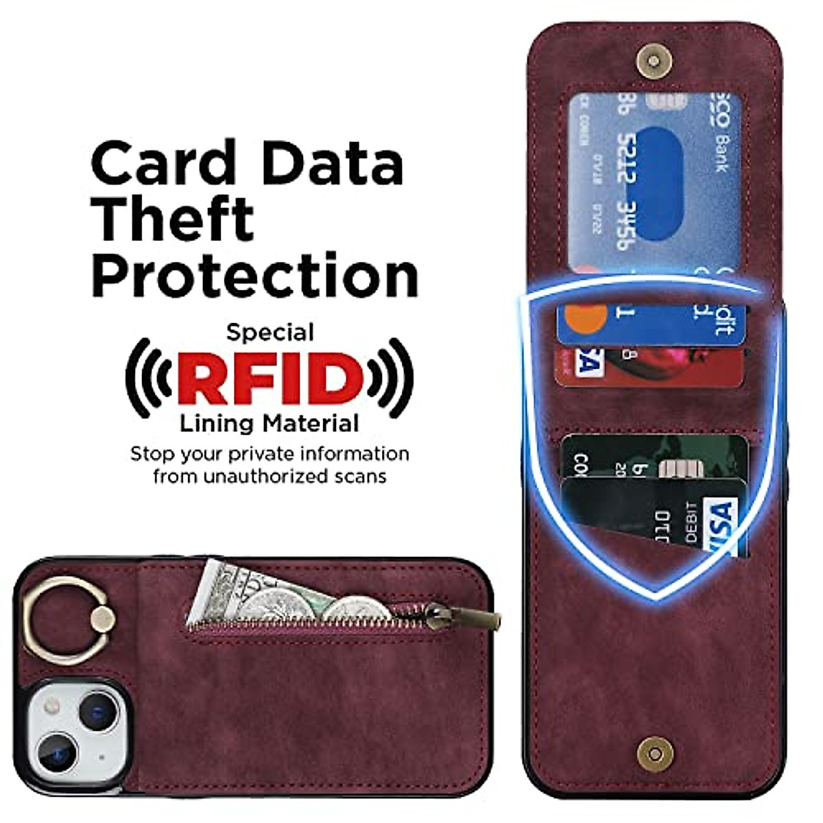 Nunwiza for iPhone 14 Case/iPhone 13 Case Wallet with Card Holder, Leather Protective Case Purse with Ring Holder for Apple iPhone 14 6.1 inch Wine Red