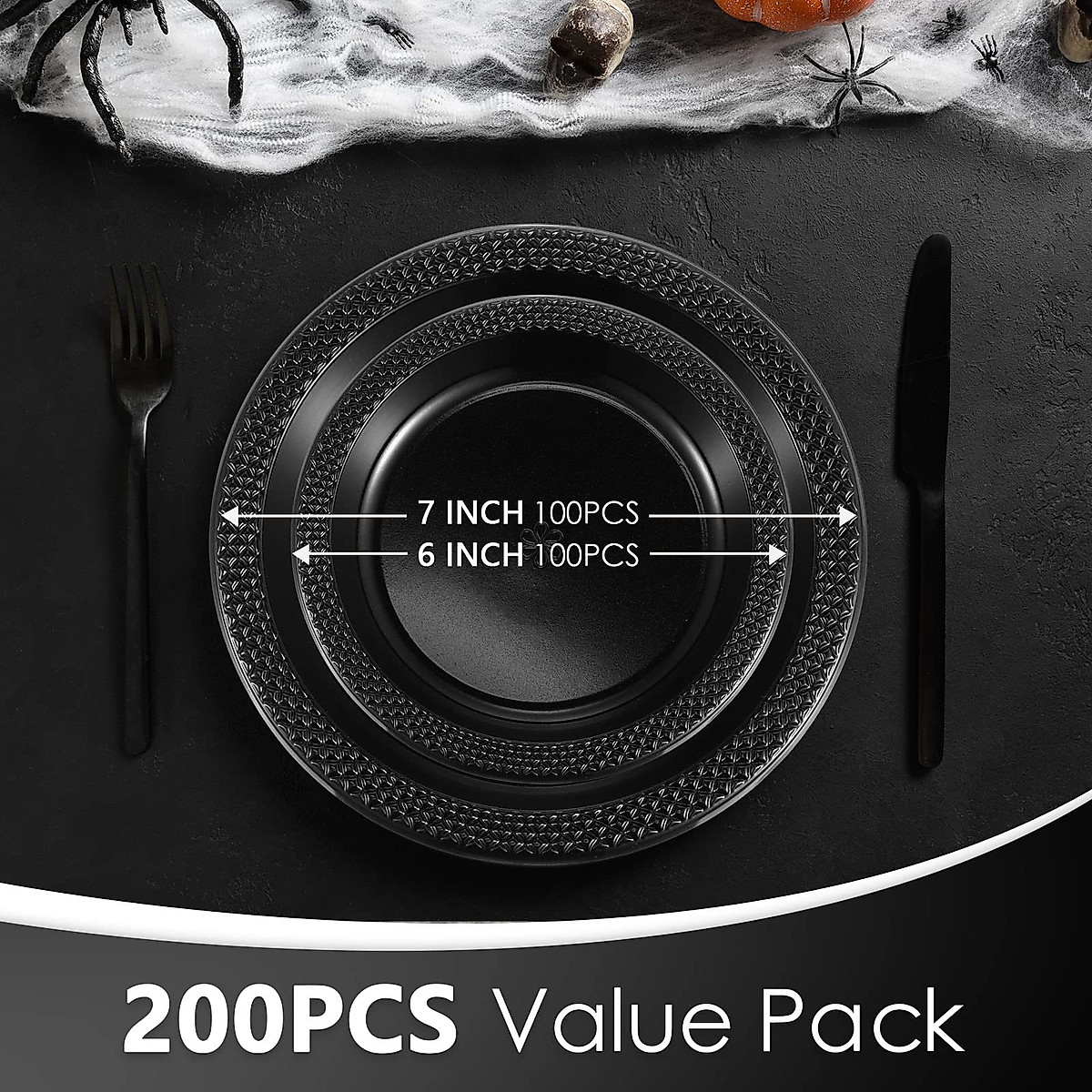 200 Pieces Black Plastic Plates Bulk Disposable Round Plates Black Party Supplies 6 Inch 7 Inch Plates Set for Salad Dessert Cake Home Birthday Wedding Party Event Picnic Dinner BBQ Plates Pack