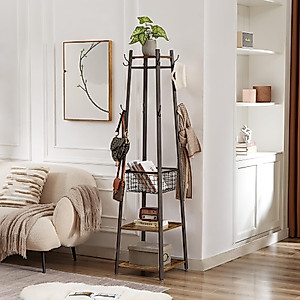 VECELO Coat Rack Freestanding, Entryway Clothes Stand with Metal Basket and 2 Shelves, Upgrade Hall Trees with 8 Dual Hooks for Bags, Hats, and Umbrellas, Industrial Styles, Vintage Brown+ Black