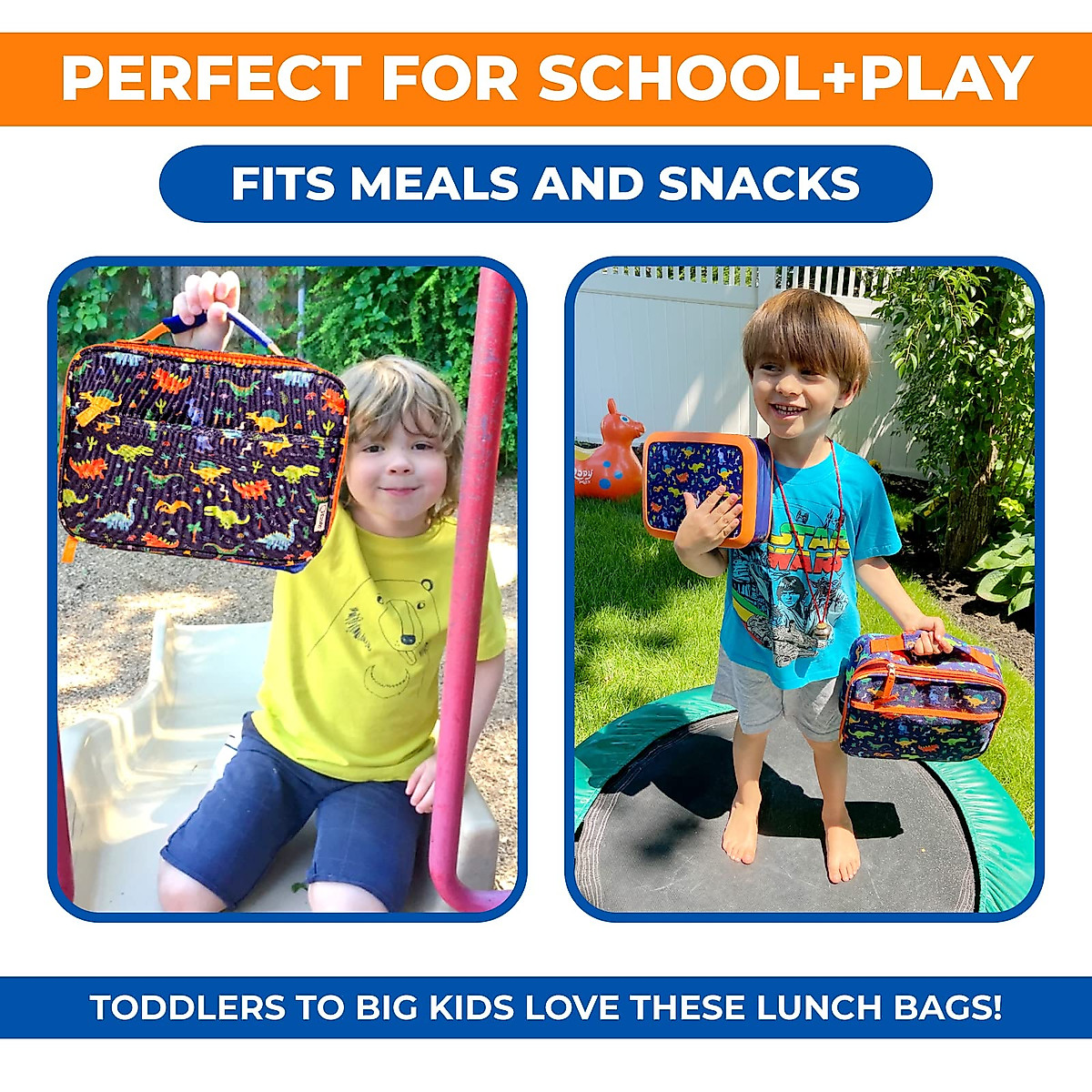 Dinosaur Lunch Box with for Boys with Ice Pack, Insulated Bag for Toddlers Kids Girls Baby Boy Daycare Pre-School Kindergarten, Container Boxes for Small Kid Snacks Lunches, BPA Free, Blue Orange Dino