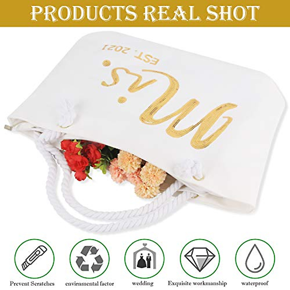 Wifey Bride Tote Bag for Wedding with Zipper Mrs. EST. 2021 Large Beach Shoulder Bride Bag for Engagement with Gold Sequin Shower Honeymoon Gift White