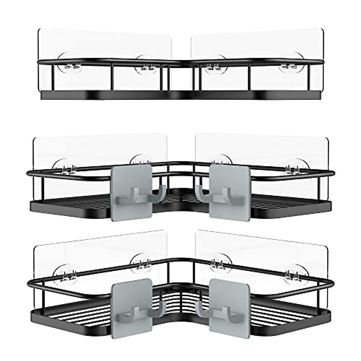 Zaspaver Black Corner Shower Caddy Organizer Shelf Shelves Basket with Hooks, Bathroom Adhesive Shampoo Holder 3 Pack, Drill Free No Rust