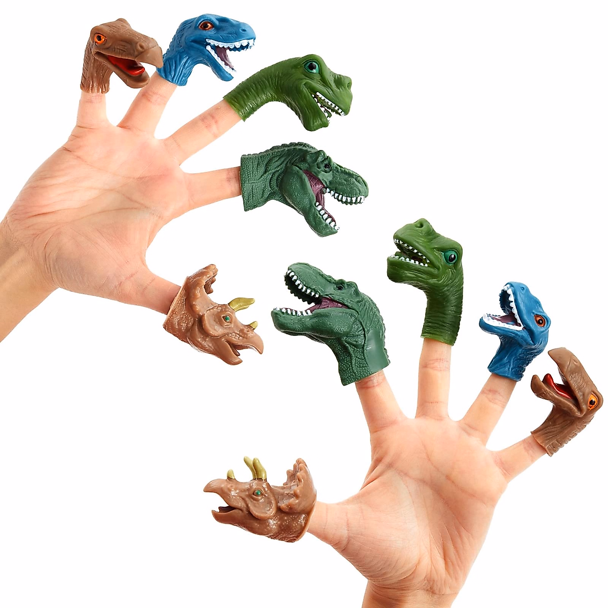 10 Pack Dinosaur Finger Puppets for Kids and Family, Dino Toys for Toddlers Party Favors (5 Designs)