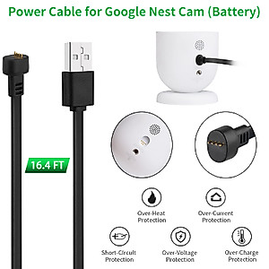 Power Adapter for Google Nest Cam Outdoor or Indoor, Battery, with 16.4Ft/5m Weatherproof Charging Cable Continuously Power Your Nest Cam (Battery) - Black