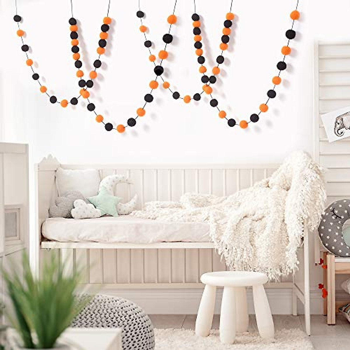 Glaciart One Felt Balls Garland - Easy to Hang Halloween Party Banner Decoration - 100% New Zealand Wool, Hand-Felted in Nepal - 8' Long, 40 Orange & Black Pom Poms