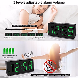 Peakeep Battery Operated Digital Clock, Alarm Clock for Bedrooms - Cordless Large Big Numbers 4 Dimmers for Seniors, Adjustable Volume Loud Alarm Clock for Heavy Sleepers Adults (Green Digits)