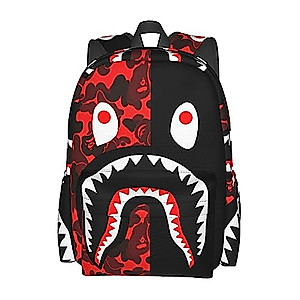 Red-Black Shark Printed Travel Laptop Backpack For Women,Print Mini Casual Daypack Waterproof Computer Bags With Ergonomic