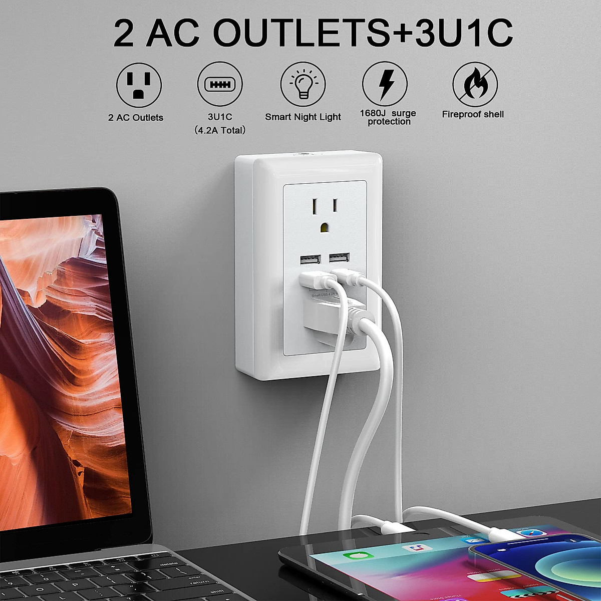 USB Wall Charger, Surge Protector,Nustsa Outlet Extender with Night Light, 4 USB Charger Ports(4.2A Total) 1680J Power Strip, Wall Adapter Spaced for Home Travel Office (3U1C)