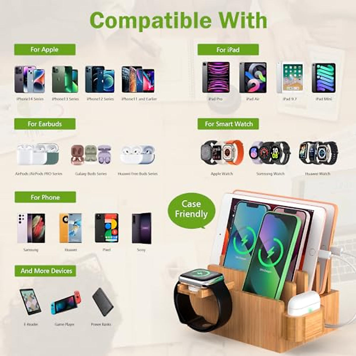 Pezin & Hulin Bamboo Charging Station Organizer for Multiple Devices, Desktop Docking Stations Holder for Cell Phone, Tablet, SmartWatch & Earbuds Stand (Included 5 Cables) (No USB Charger)