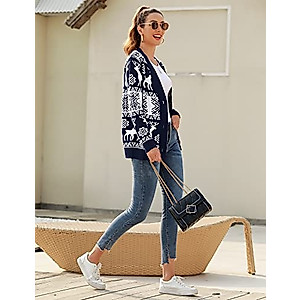 Cowasto Women's Reindeer Knitted Christmas Cardigan Sweater Comfy Button Up Casual Open Front Festive Sweaters Navy Blue X-Large