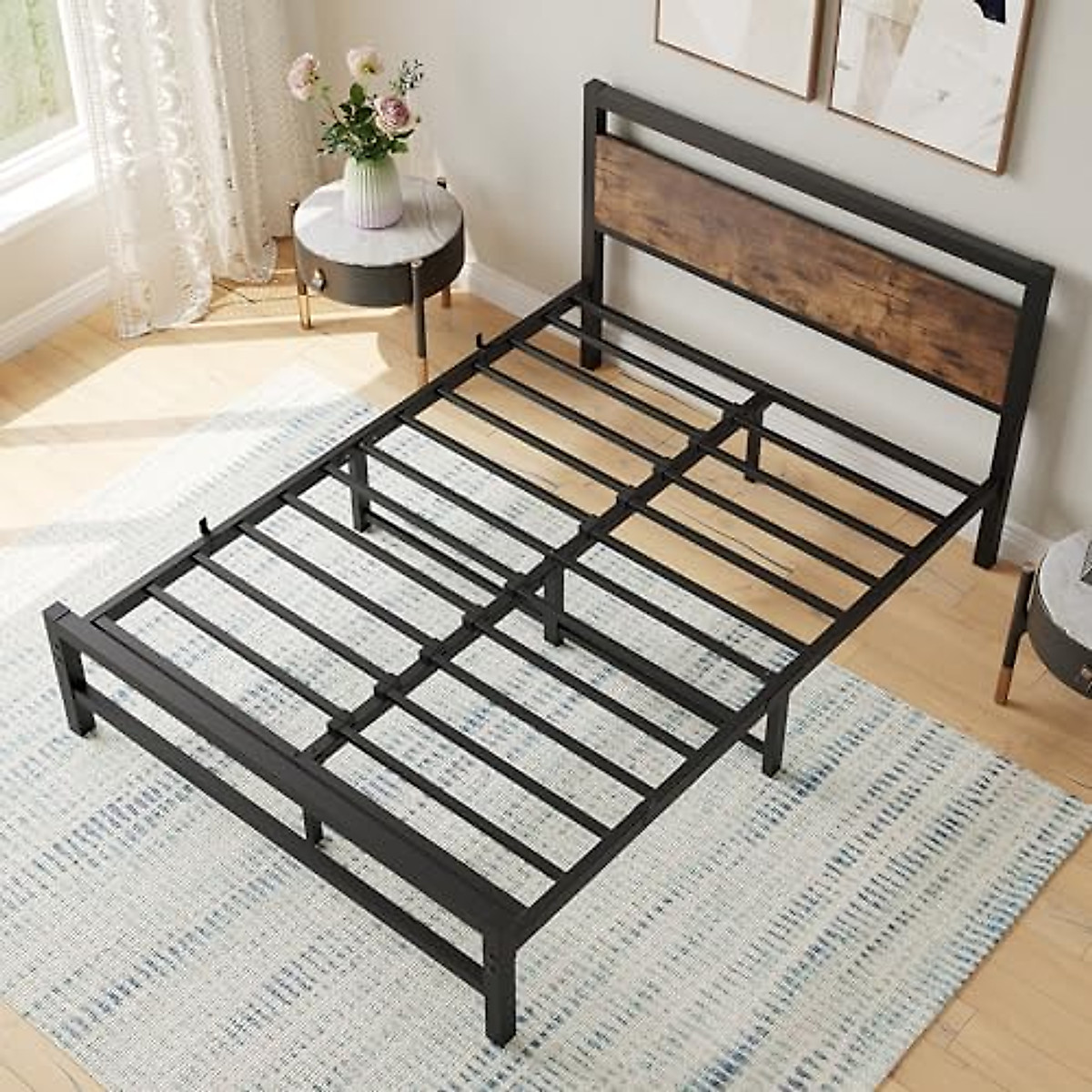 FOUBAM Full Bed Frame with Wood Headboard,Heavy Duty Platform Bed Frames with Storage No Box Spring Needed,Reinforced Steel Square Pipe Mattress Foundation Noise Free,Black and Rustic Brown