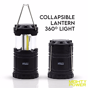 Ultra Bright Portable Collapsible Camping LED Lantern Light by Mighty Power, for Hiking, Blackouts, Picnic Party and Emergency up to 12 Hours with 3AA Batteries Included, Lightweight Design, Black
