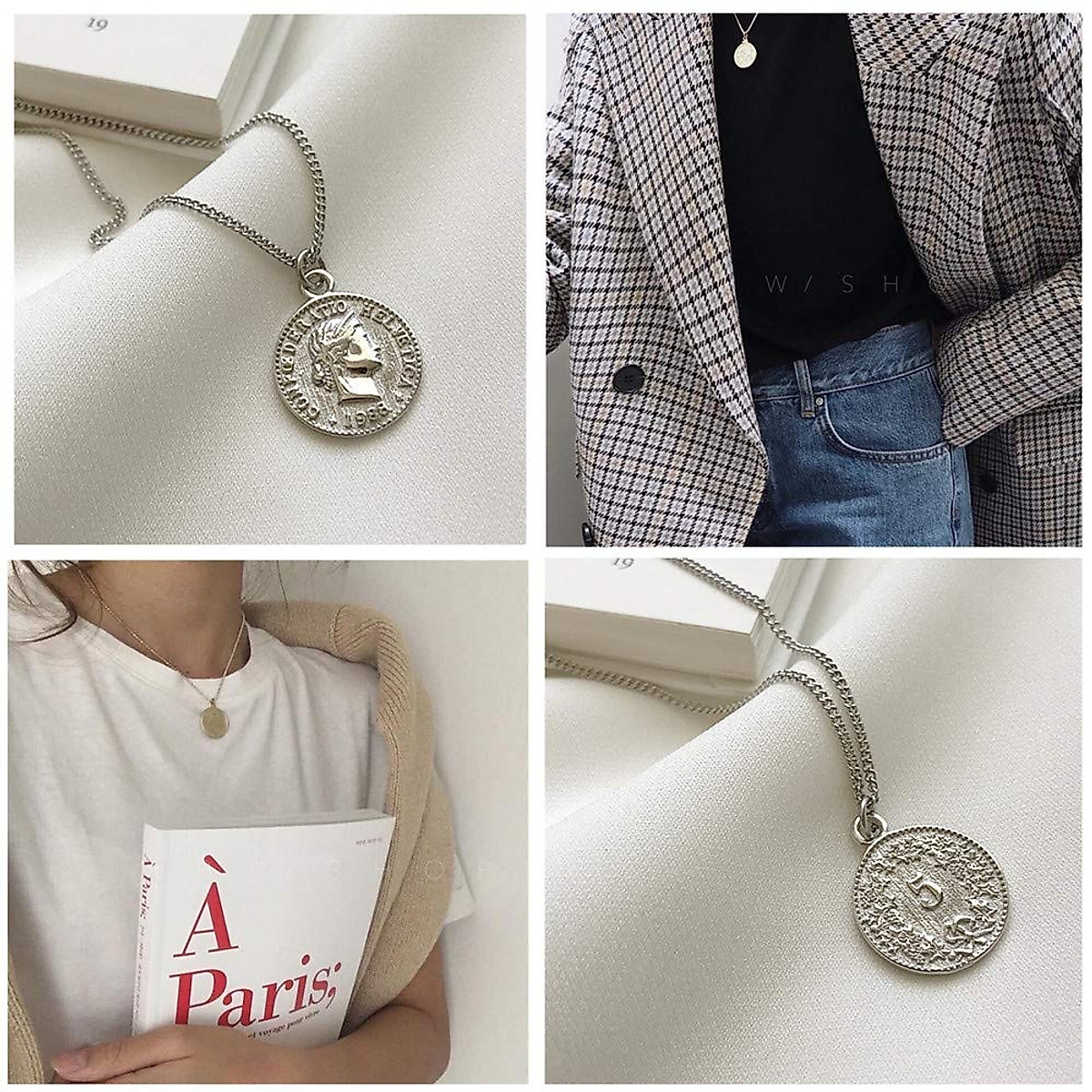 Dtja Carved Coin Pendant Necklace for Women Men 18K White Gold Plated Simple Round Chain Goddess Worship Celebrity Medal Reversible Keepsake Chic Choker Fashion Jewelry Gifts Box