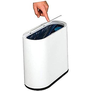 KLGO 10 Liter Slim Plastic Trash Can with Lid,2.4 Gallon Double Barrel Waste Basket,Rectangular Garbage Container Bin for Bathroom,Bedroom,Kitchen and Office,White