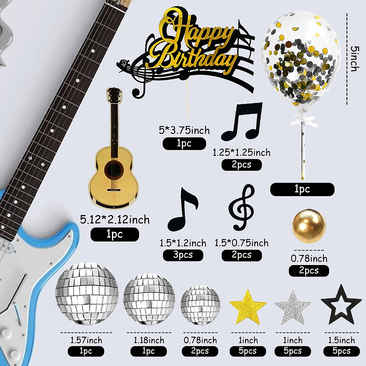 31 PCS Guitar Cake Toppers Music Notes Balls Cake Decorations for Musician Birthday Party Rock Theme Party (Black)