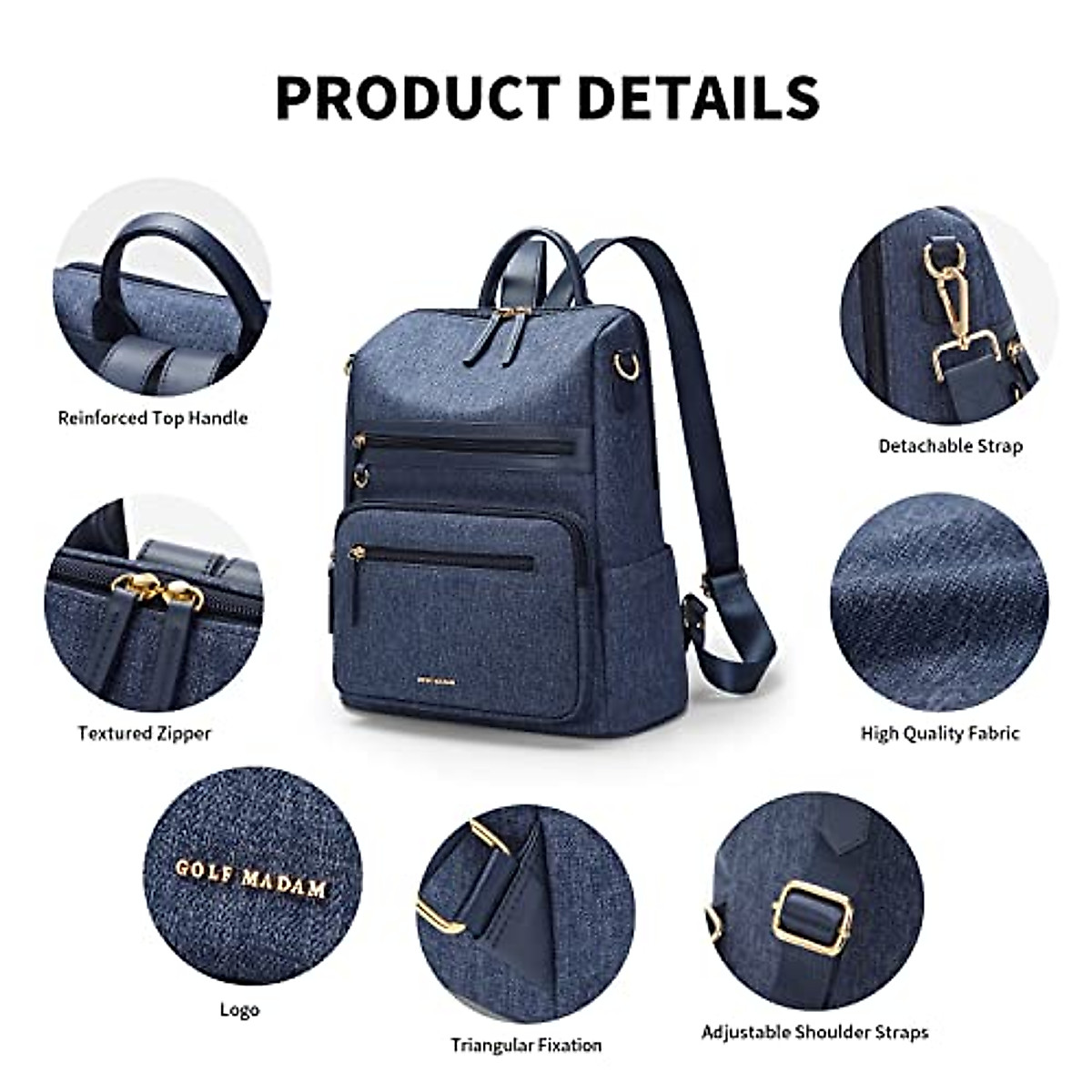 GOLF SUPAGS Stylish Women's Laptop Backpack in Mini Denim Blue with Oxford Fabric Travel Casual and Daily Use Backpack Purse Fits 13.3 Inch Notebook