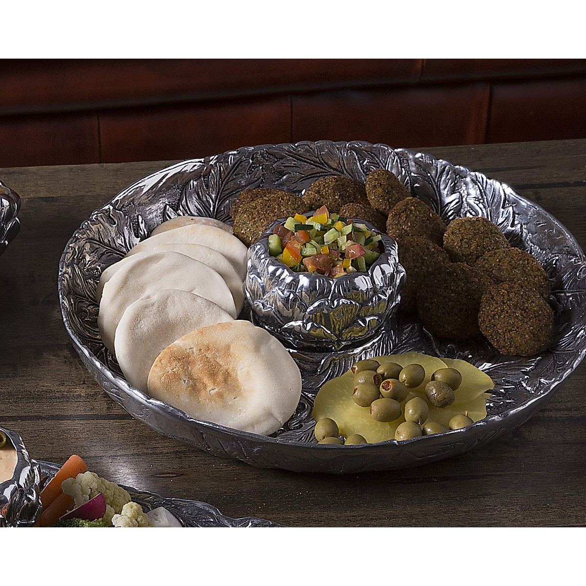 Arthur Court Designs Metal Chip and Dip Platter in Artichoke Pattern Sand Casted in Aluminum with Artisan Quality Hand Polished Designer Tarnish-Free 14.5 inch Diameter