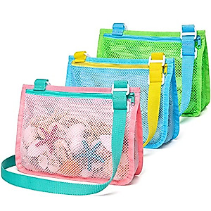 F-color Beach Toy Kids Beach Bag Shell Collecting Bag, Mesh Beach Bag Seashell Bag Net Bag for Sea Sand Pool Swim Beach Shell Accessories Beach Gifts for Kids Girls Boys, 3 Packs (Green, Blue, Pink)