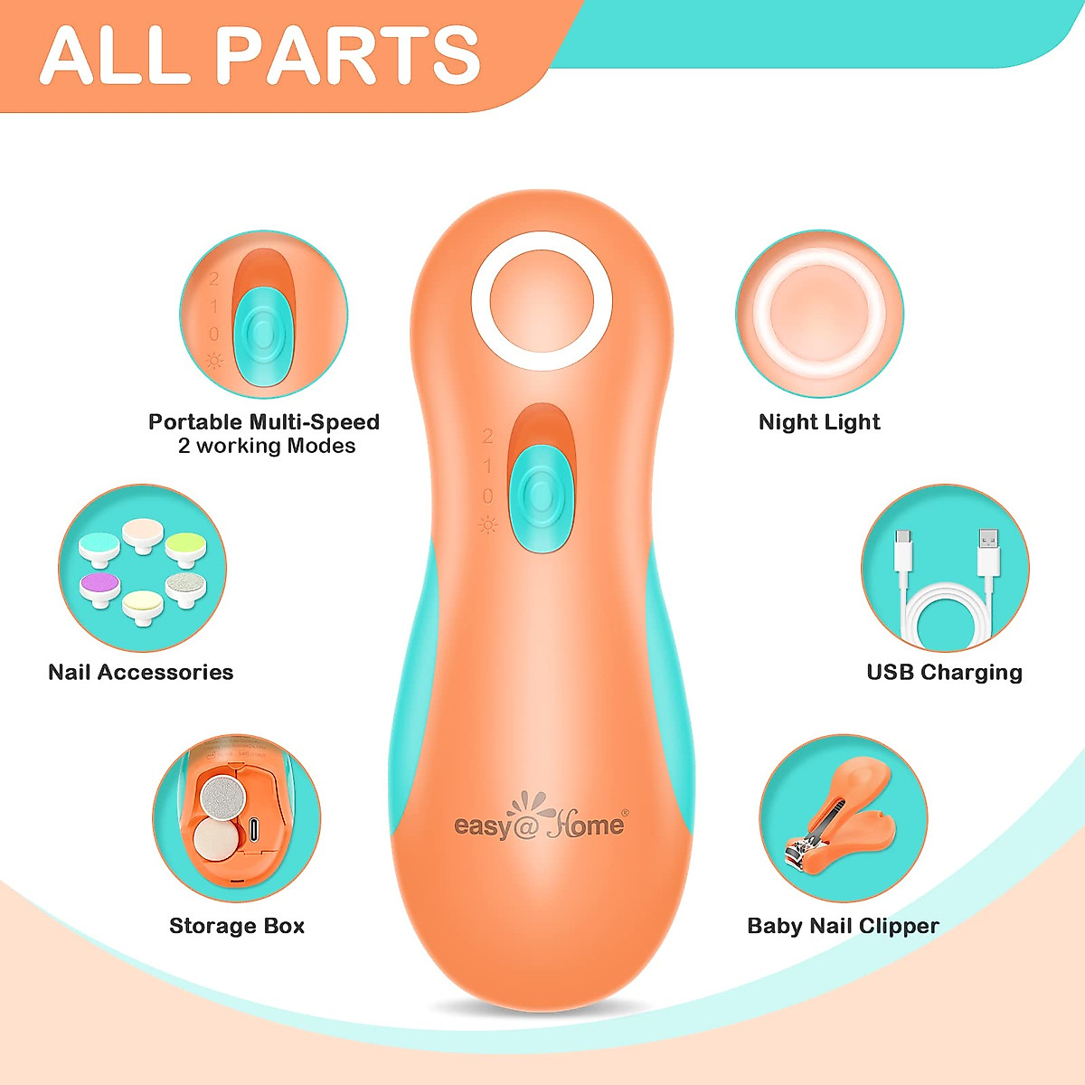 Electric Baby Nail File Trimmer: Easy@Home Safe Nail Clippers Kit - Baby Nail Clippers with 6 Grinding Heads and LED Light for Newborn Toddler Kids or Adults | Fingernails Care Trim ENT019