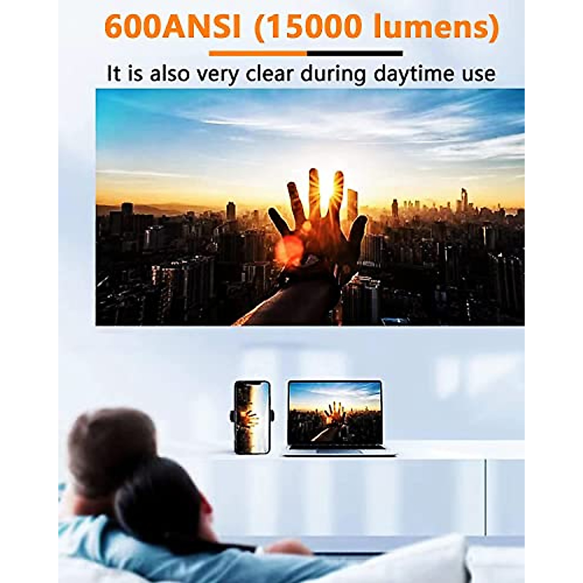 4k Projector HD 1200ANSI Portable Projector, 3D Projector All-in-one Lift, 300-inch Giant Screen Projector, Indoor and Outdoor use is Very Convenient (White)