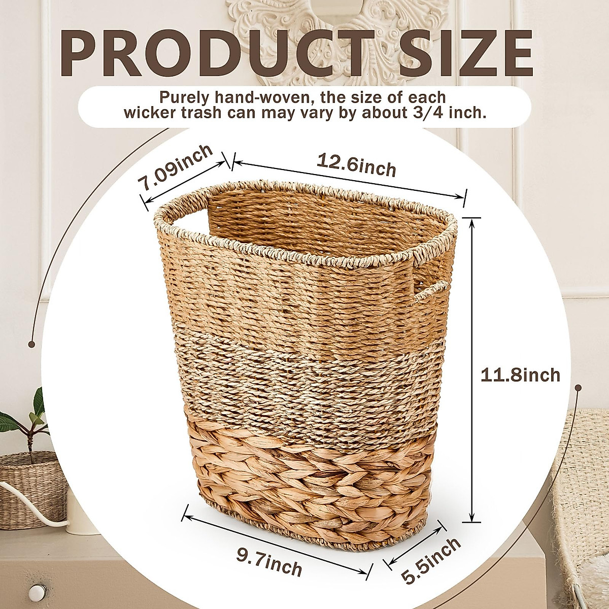 Ziliny 2 Pcs Wicker Trash Can with 50 Small Trash Bag Wicker Waste Woven Basket with Handles Clear Multi Use Garbage Bags for Bathroom Kitchen Bedroom